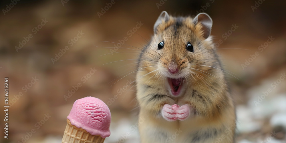A small and adorable little hamster yawning and eating a ice cream ...