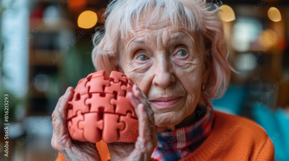 Alzheimer's disease concept, Elderly woman holding brain symbol of missing jigsaw puzzle, World ...