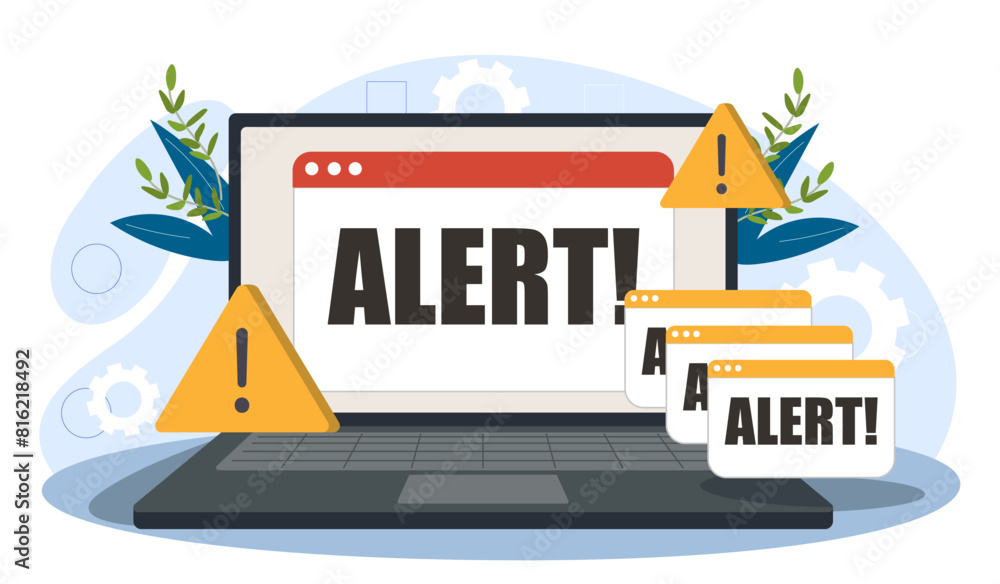 Illustration of an alert notification on a laptop screen with warning ...