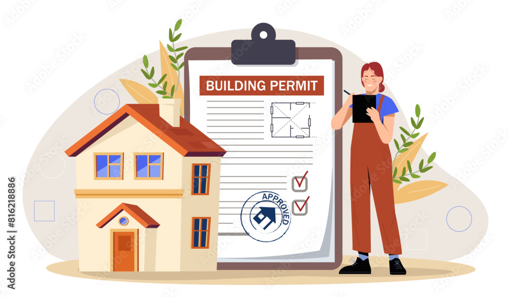 An animated woman checking a building permit clipboard next to a house ...