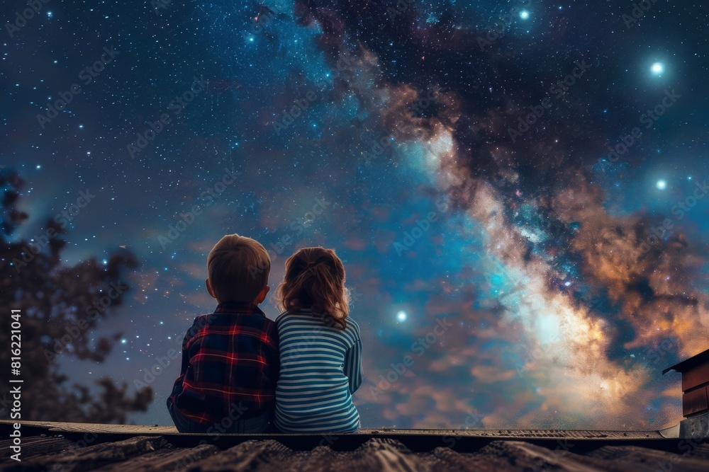 Two children sitting on roof watching the stars. Stargazing and ...