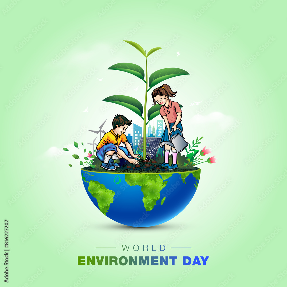 Modern Creative World Environment Day. School Children Kids planting ...