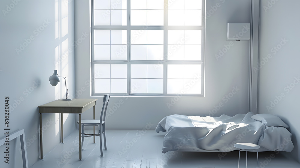 Sparsely decorated room with white walls Window takes up a large ...