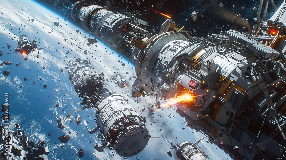 A visionary depiction of a robot war in space, with combat robots ...