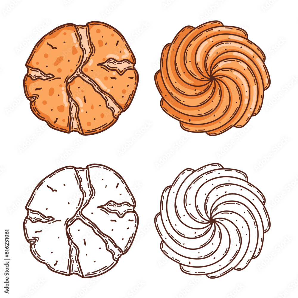 Oat cookie, shortbread vector coloring page for coloring book. Bake ...