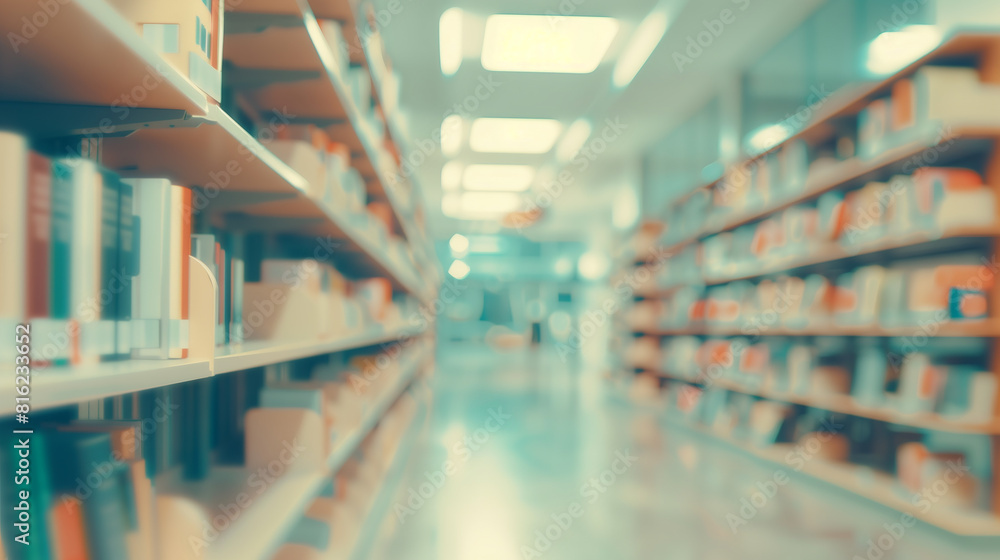 A library with rows of book-filled shelves in a softly unfocused, light ...