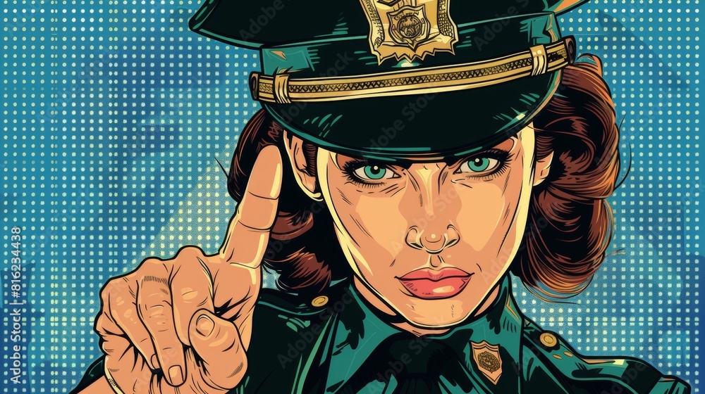 Vector illustration of female police officer with hand gesture. Comic ...