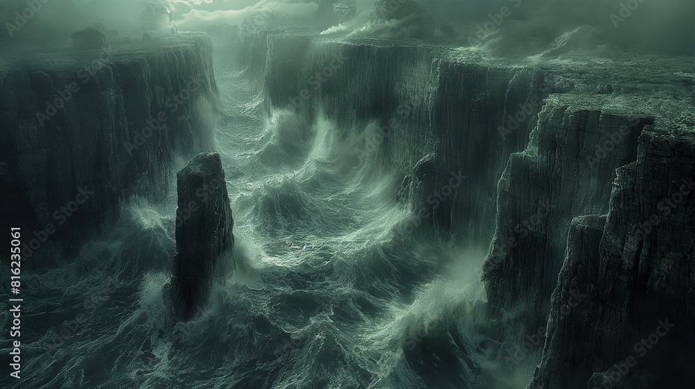 A rugged, windswept coastline dotted with towering sea stacks and ...