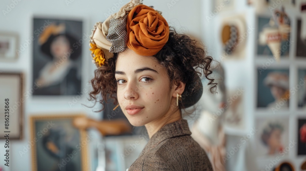 Young Female Milliner Adjusting a Fascinator on a Mannequin in a Bright ...