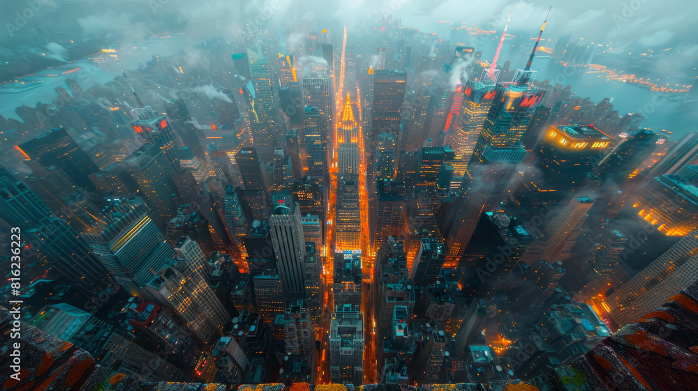 a 45 degree downwards angle of a city, taken from a 200 foot tall ...