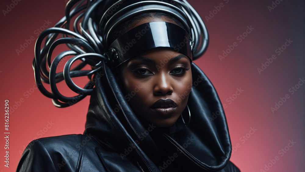 Fashion Surreal Concept. Closeup portrait of black woman in avant garde ...