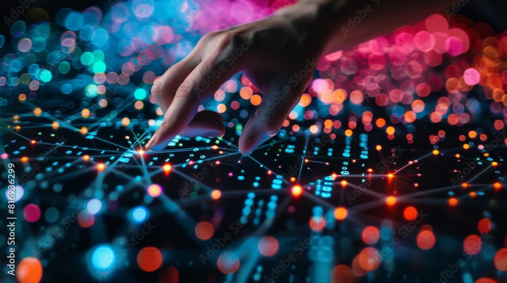 Hand is pointing at the screen with multiple colorful digital data ...