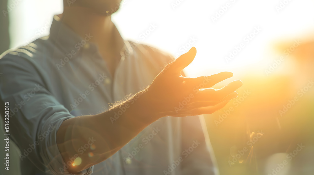 The man is standing and shows an outstretched hand with an open palm ...