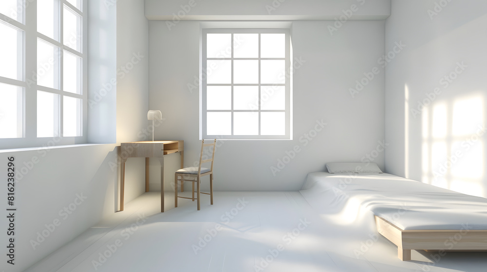 Sparsely decorated room with white walls Window takes up a large ...