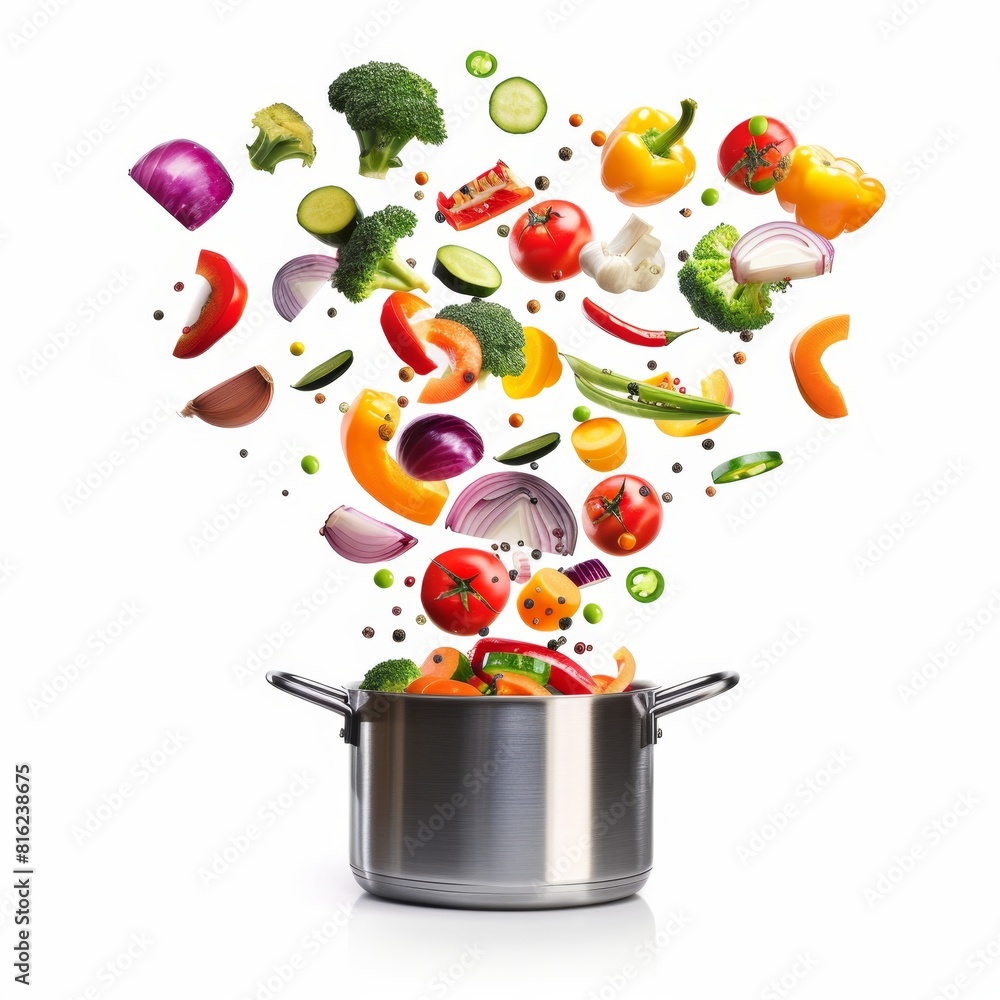 Vegetables falling to saucepan isolated, flying food, vegetable soup ...