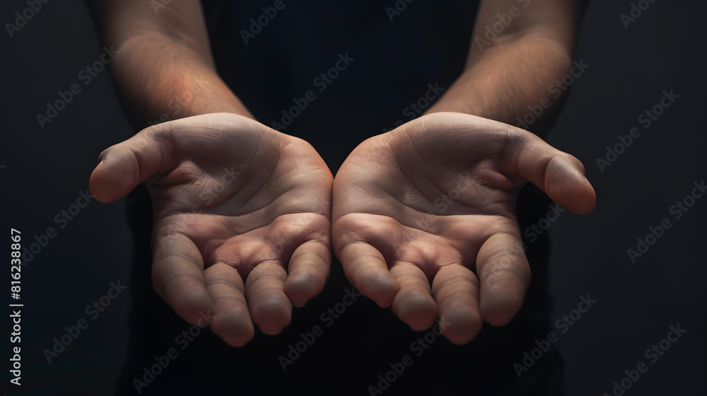 Give two hands with nothing on both on dark background with copy space ...