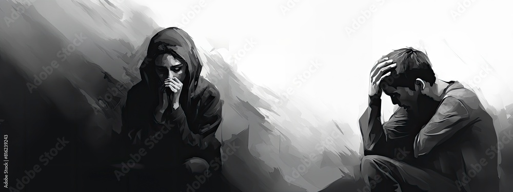 A black-and-white image of two people in depression, sitting apart. It ...