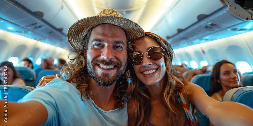 Happy tourist taking selfie inside airplane. Cheerful couple on summer ...