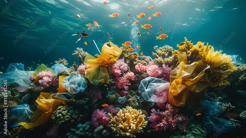 An underwater photograph showing a coral reef entangled with various ...