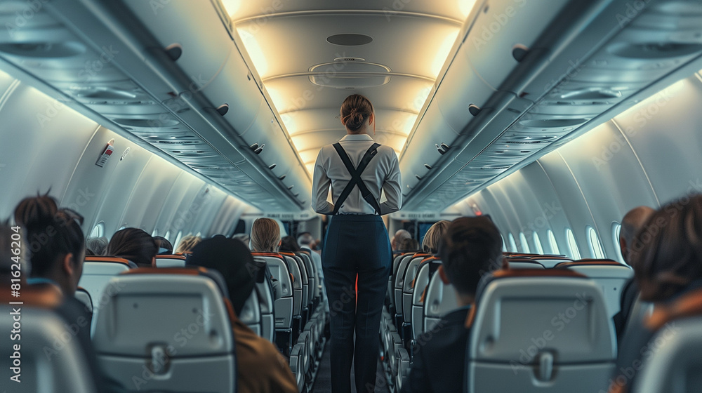 airplane cabin interior, neatly arranged seats facing a standing area ...