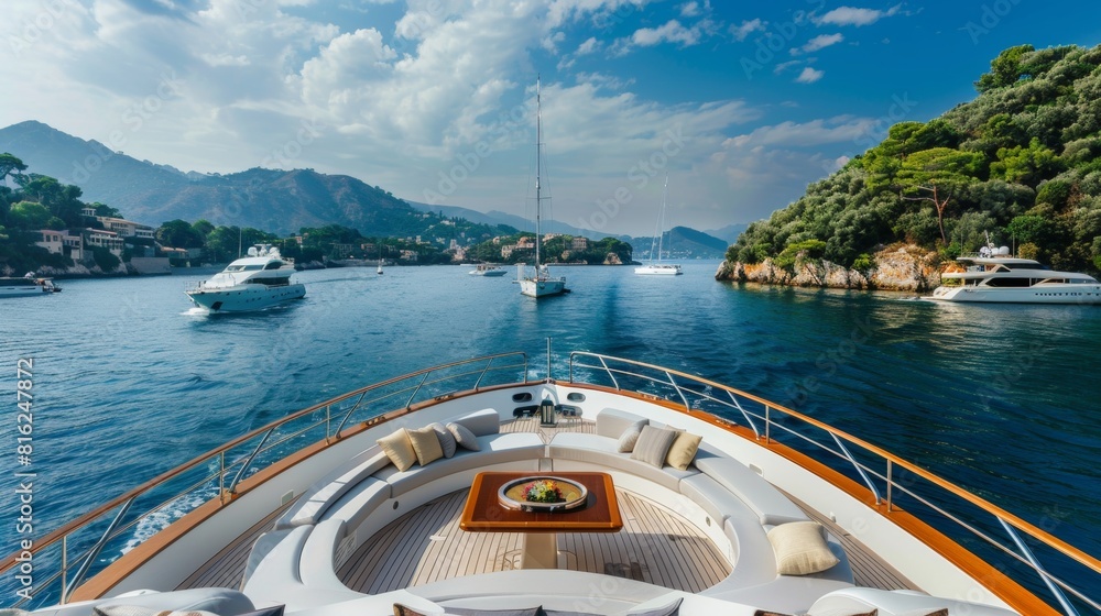 Beautiful seascape view from bow of luxury yacht in sea water. Stock ...