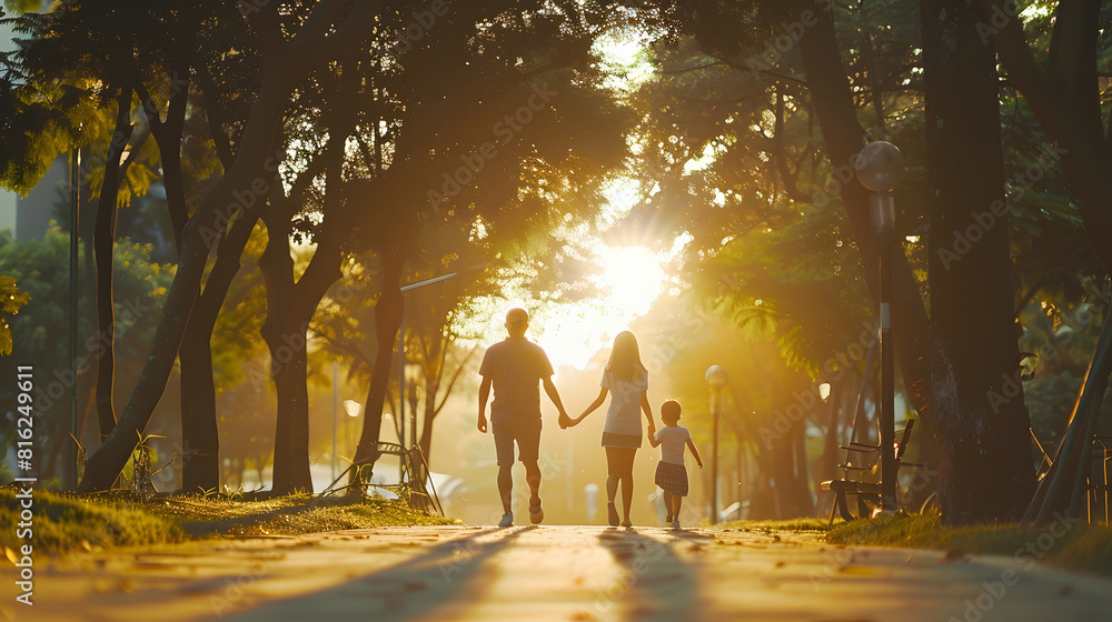 Parents happy children go to sun People walk in nature Big family ...