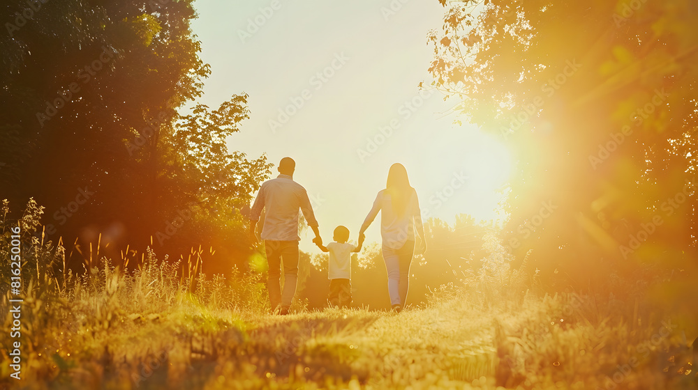 Parents happy children go to sun People walk in nature Big family ...