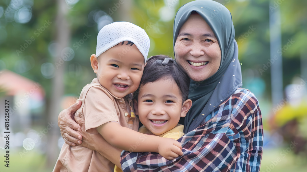 Happy cheerful Asian muslim family living together in a weekend woman ...