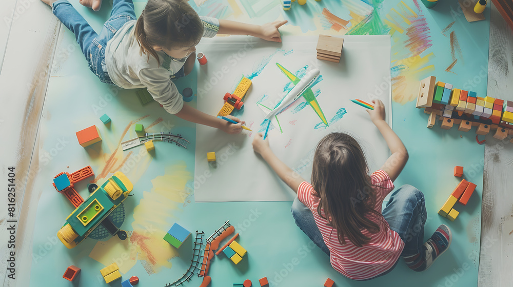 Kids drawing on floor on paper Preschool boy and girl play on floor ...