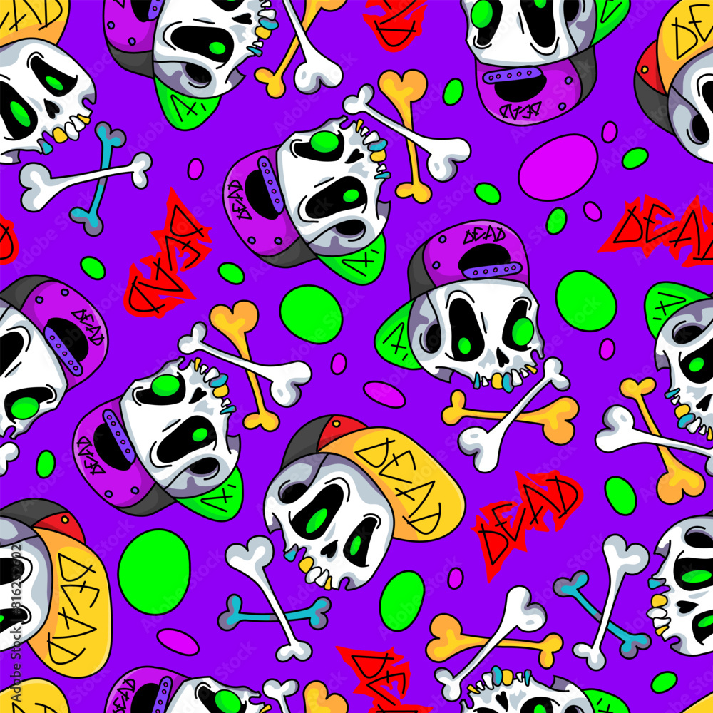 Cute cartoon skulls in a cap seamless pattern colorful background ...