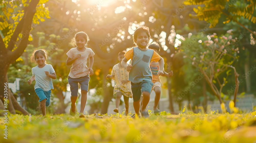 Group of happy playful Indian children running outdoors in spring park ...