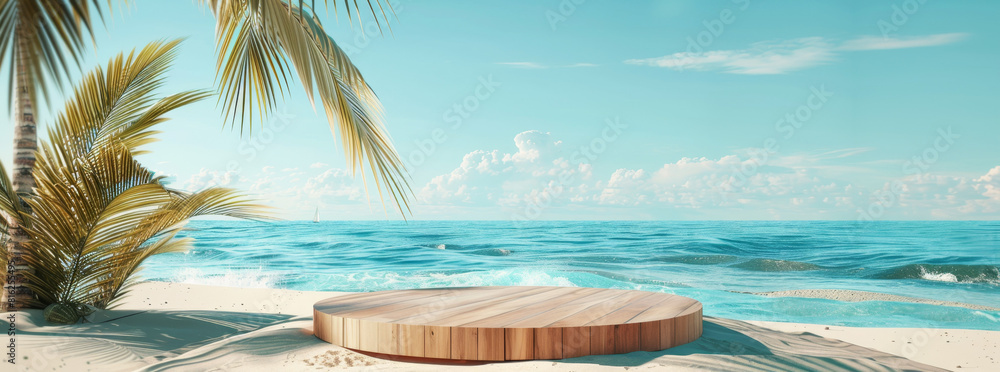 Abstract summer background with wooden podium and beach sand on the sea ...