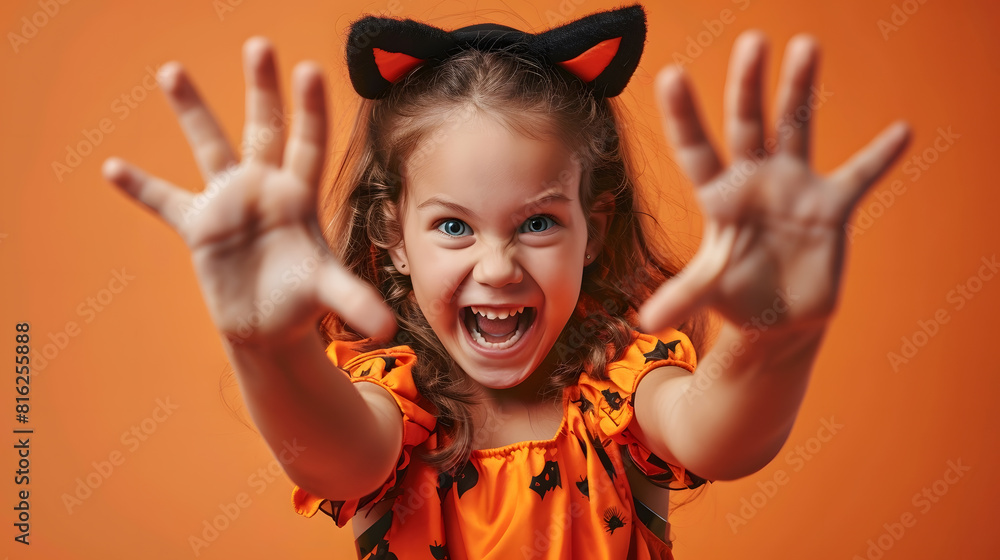Halloween and childhood Funny preteen girl playfully scares you by ...