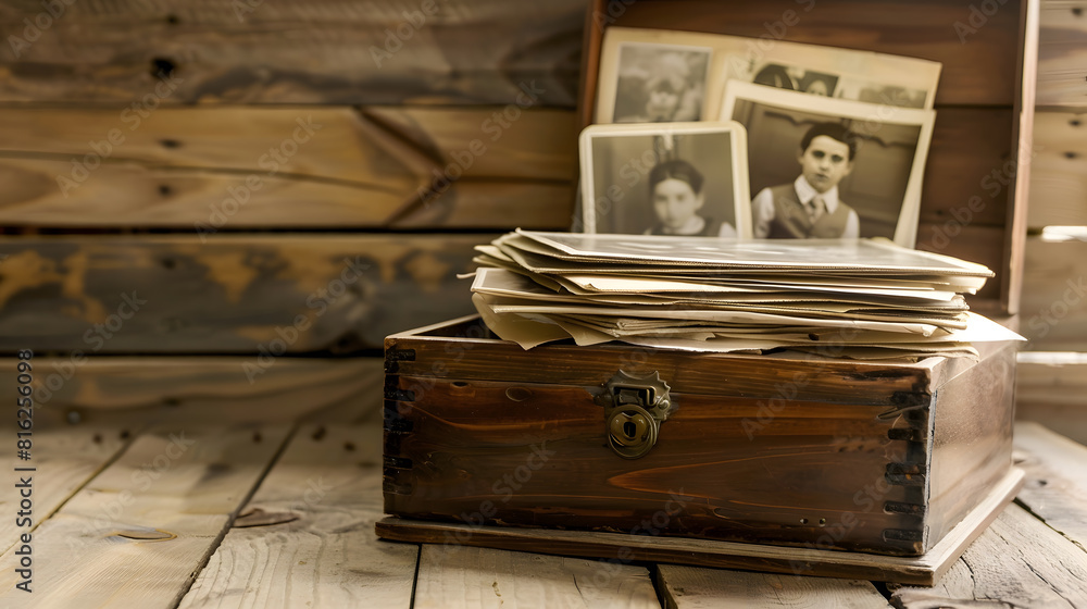 stack of old retro family sepia photos on table vintage wooden box with ...