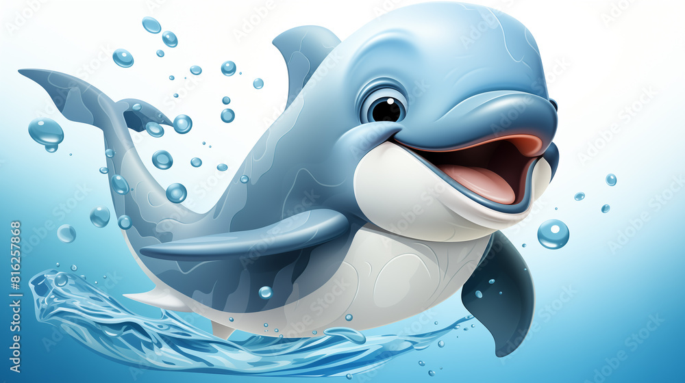 Cute smiling baby dolphin, swimming in a blue wave of fresh water, with ...