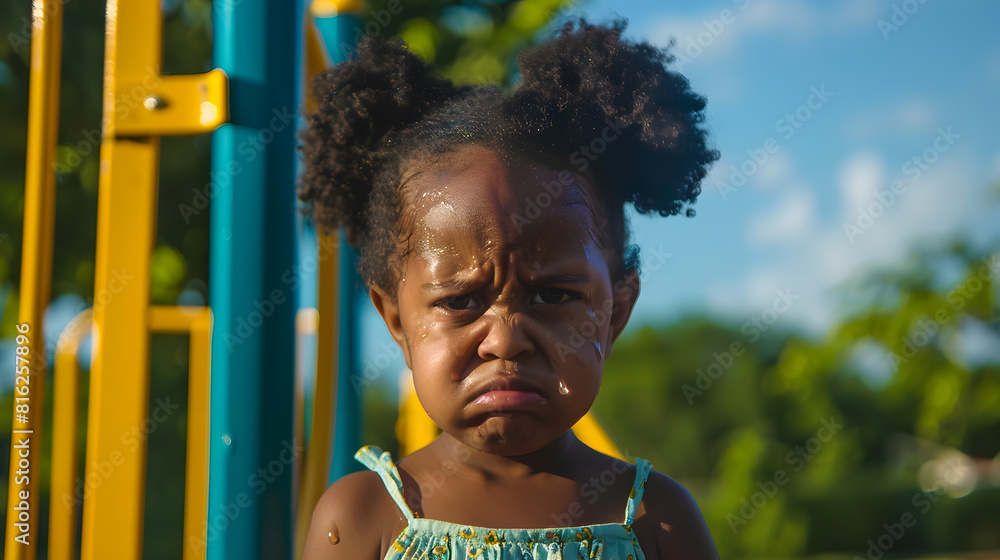 African American kid crying alone on playground at park Cute afro girl ...