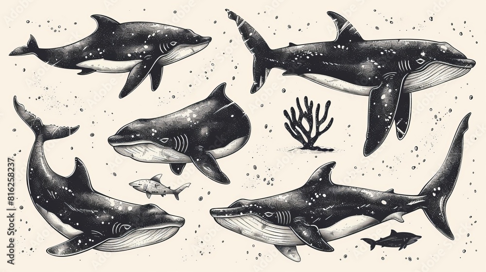 Various ocean animal linocut modern sets, whale grunge print, woodcut ...