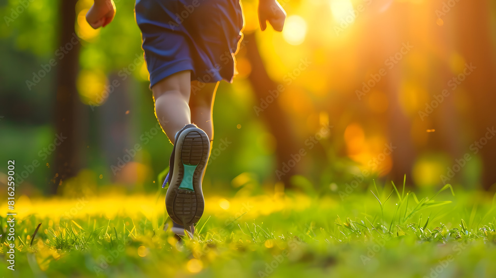 kid run legs closeup in park at sunset happy family people in the park ...