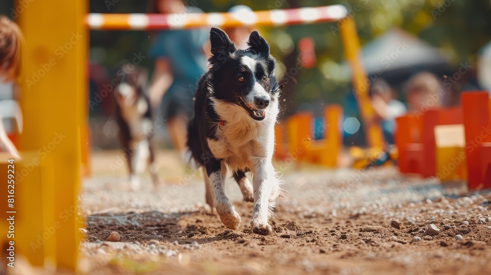 A competitive training session where a group of dogs are being timed ...