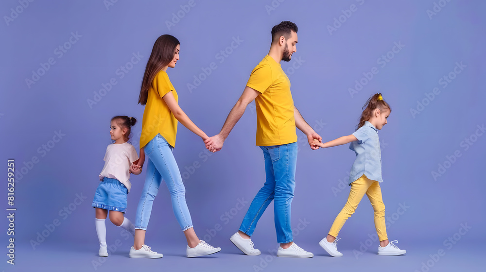 Full body side view young parents mom dad child kid daughter girl 6 ...