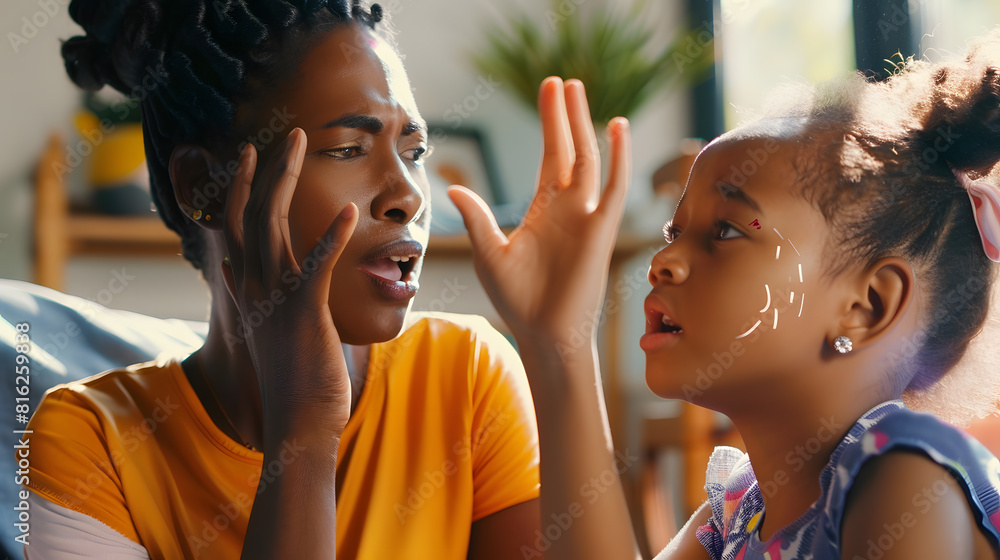 Close up African American mother teaching disabled daughter showing ...