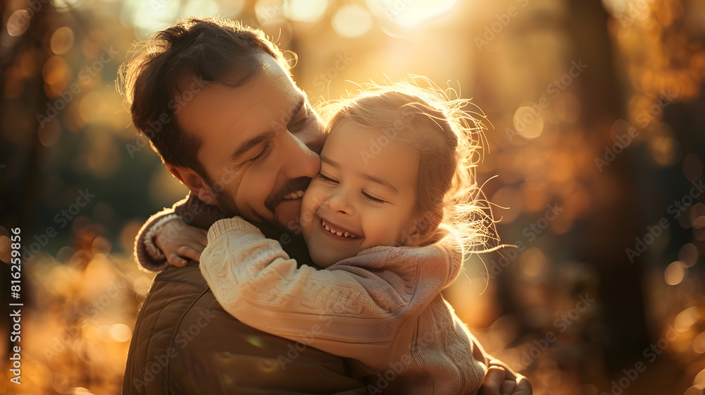 Joyful dad hugs his little smiling daughter Single daddy and child have ...
