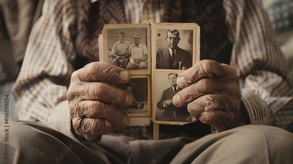old man holds his old photos taken in 19601961 album with vintage ...