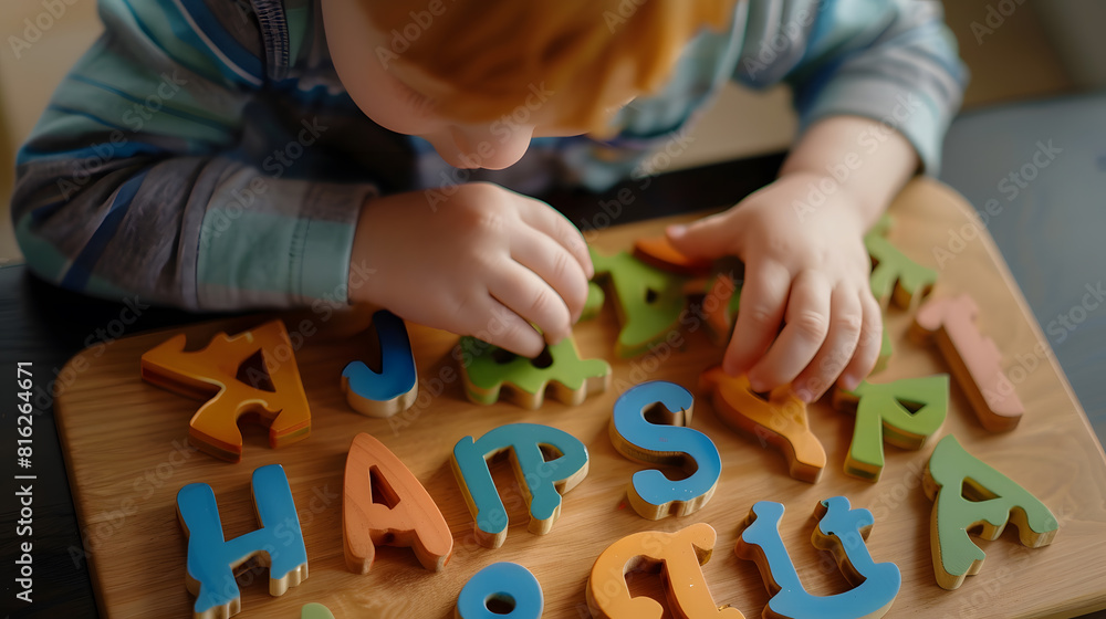 Male kid playing with wooden eco friendly alphabet letters board on ...
