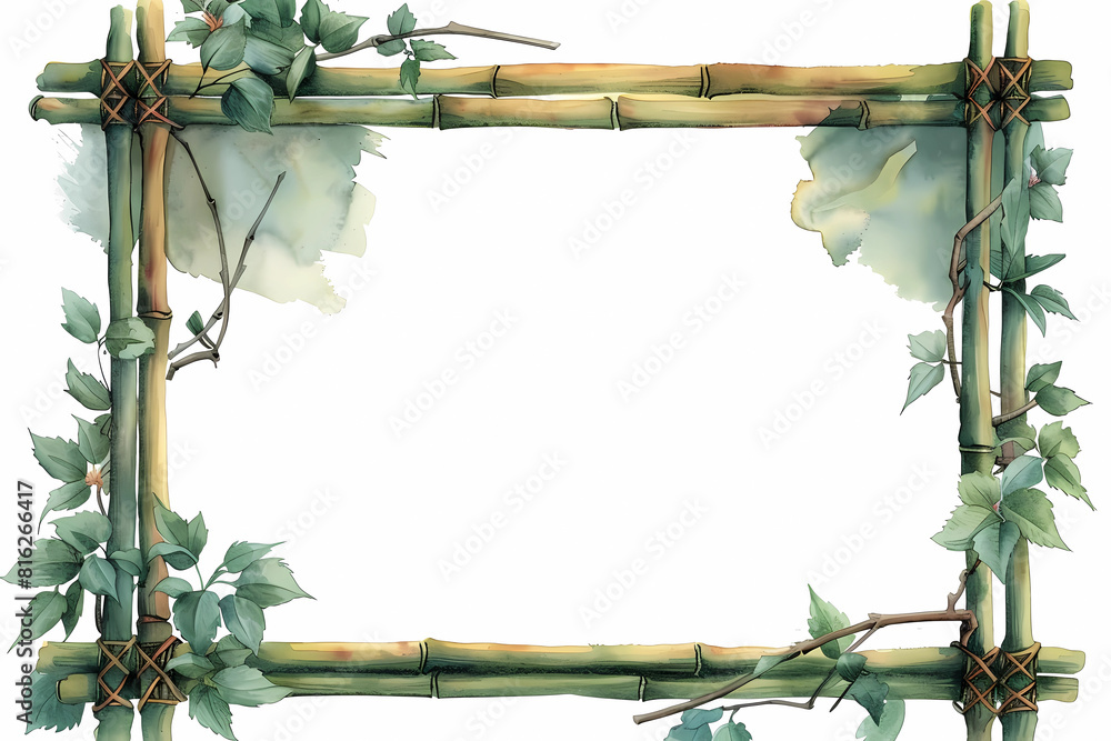 bamboo frame watercolor: A rectangular bamboo frame border, with a ...