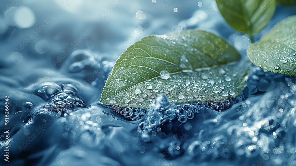 Water drops on leaf and splashes on maya blue color background Stock ...