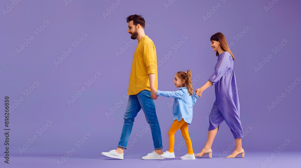 Full body side view young parents mom dad child kid daughter girl 6 ...