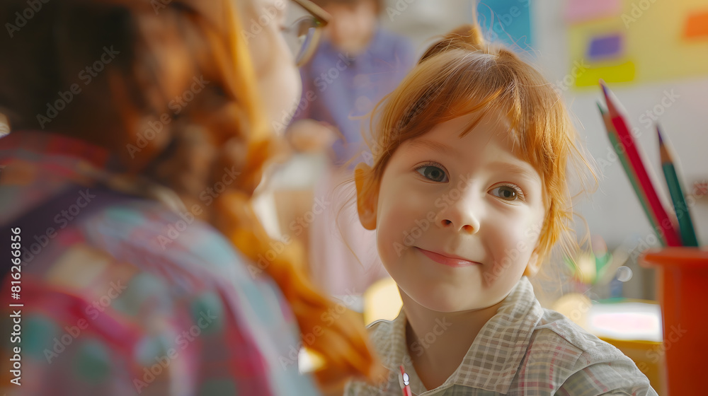 Happy little girl learning to draw with a colour pencil in an ...