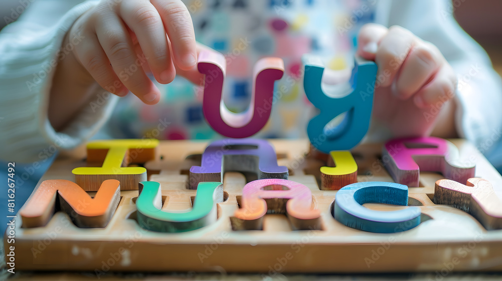 Childish hands holding alphabet wooden board with colored font letters ...