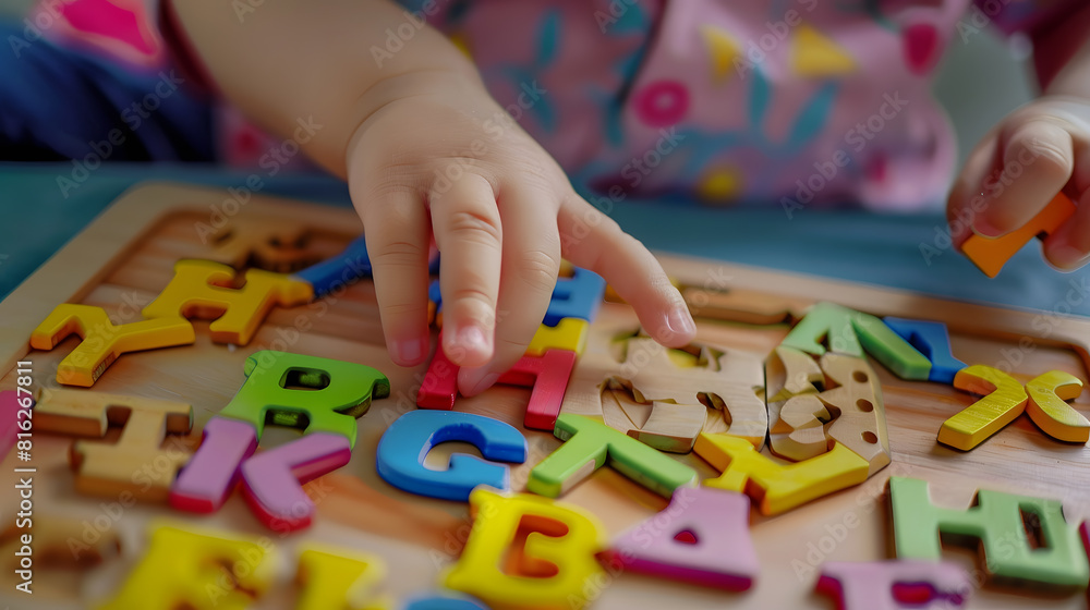Childish hands holding alphabet wooden board with colored font letters ...